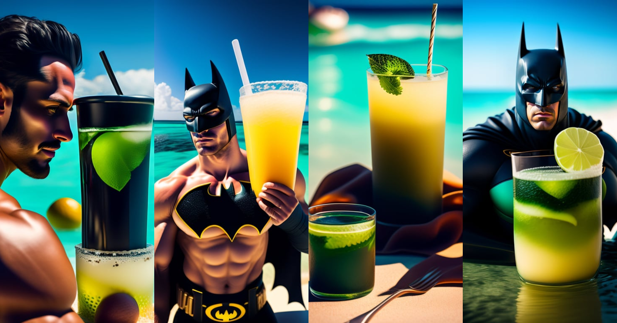Lexica - Batman wearing a swimsuit and drinking mojito in Bahamas ...