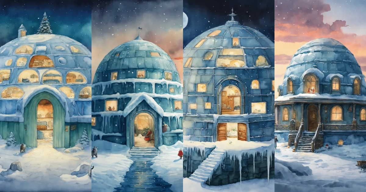 Lexica - A watercolor painting depicting an intricately detailed igloo, partitioned into four ...