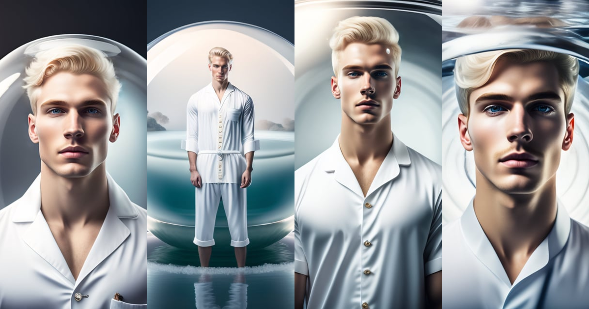 Lexica - A full-body portrait of a pale blonde young man in white ...