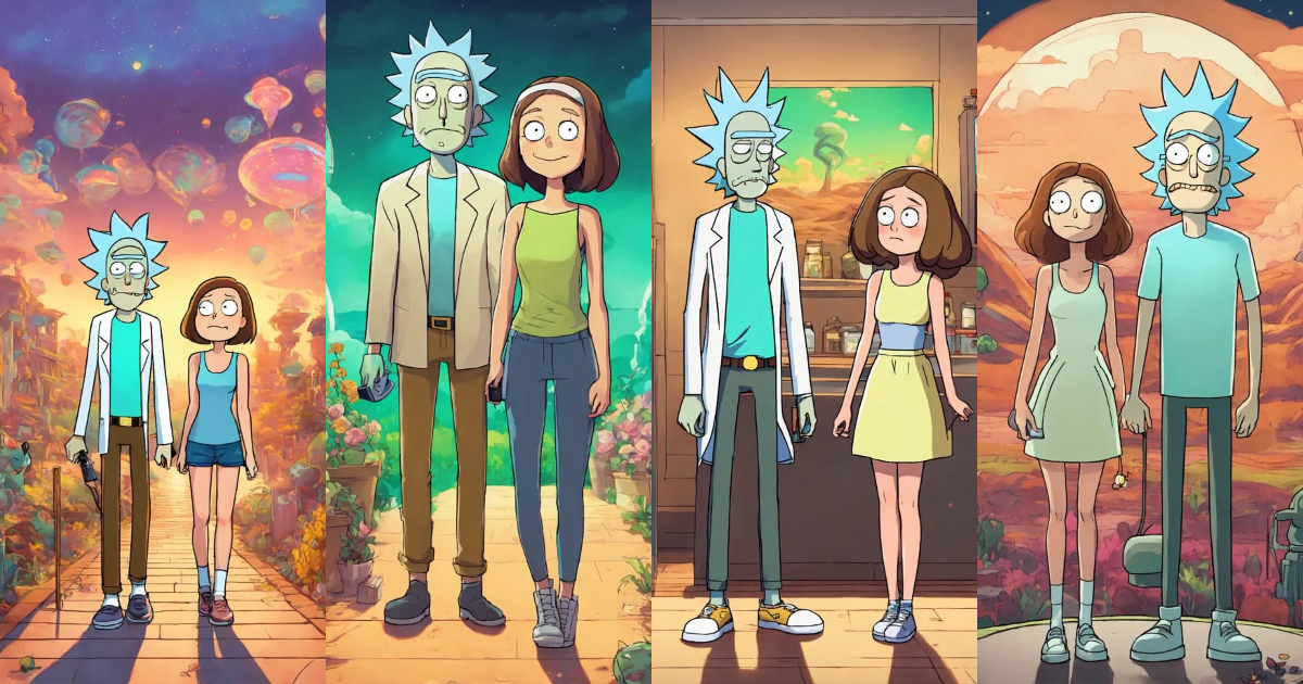 Lexica - Cute man and buatiful girl , style from Rick and Morty carton