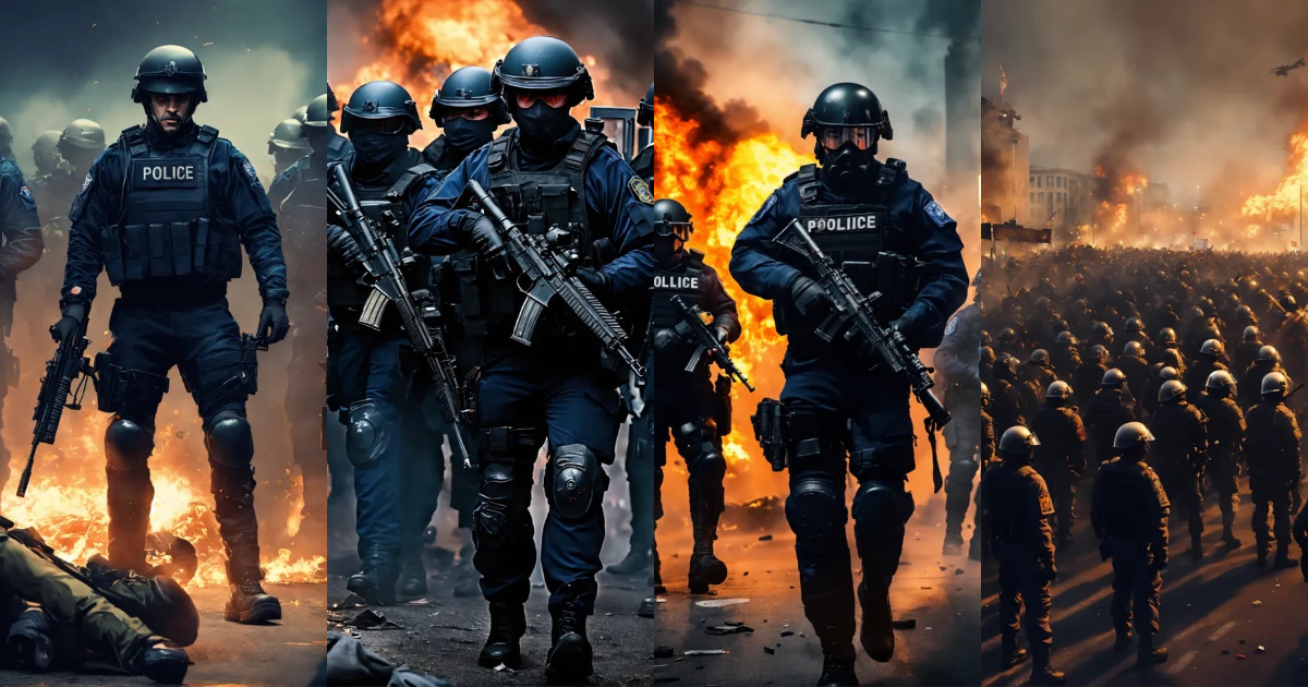 Lexica - Evil demonic Militarized police at a protest, chaotic scene ...