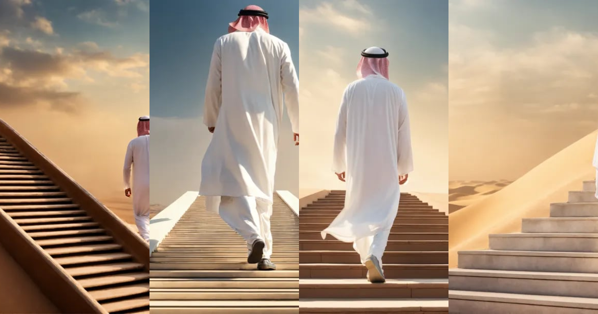 Lexica - Saudi man climbing up six steps only, white costume, Saudi ...