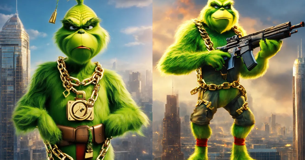 Lexica - The grinch with gold chains on big guns in front of skyscraper ...