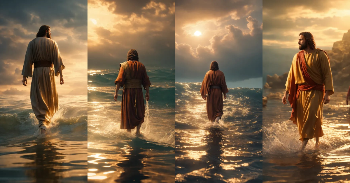 Lexica - Biblical story Peter walking on water to meet Jesus, perfect ...