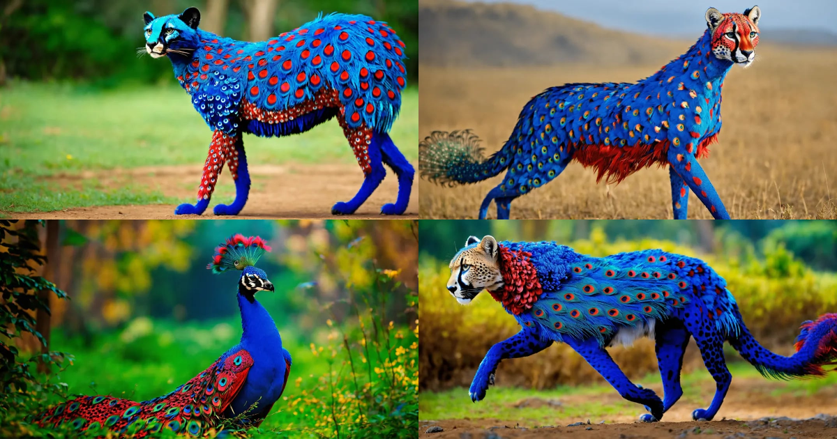 Lexica - A blue and red cheetah with a full body covered in peacock ...