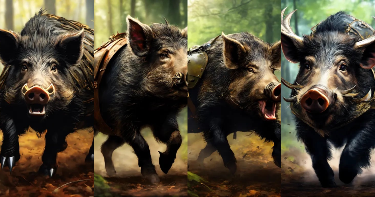Lexica - Wild boar horned and armored, charging in wild forest, black ...