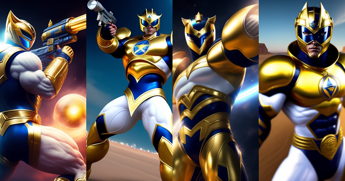 Lexica - A buff white male with a gold and blue power ranger suit ...
