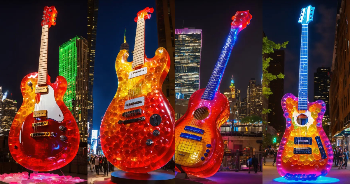 Lexica - A giant gummy guitar, 4 stories tall, walking through new york ...