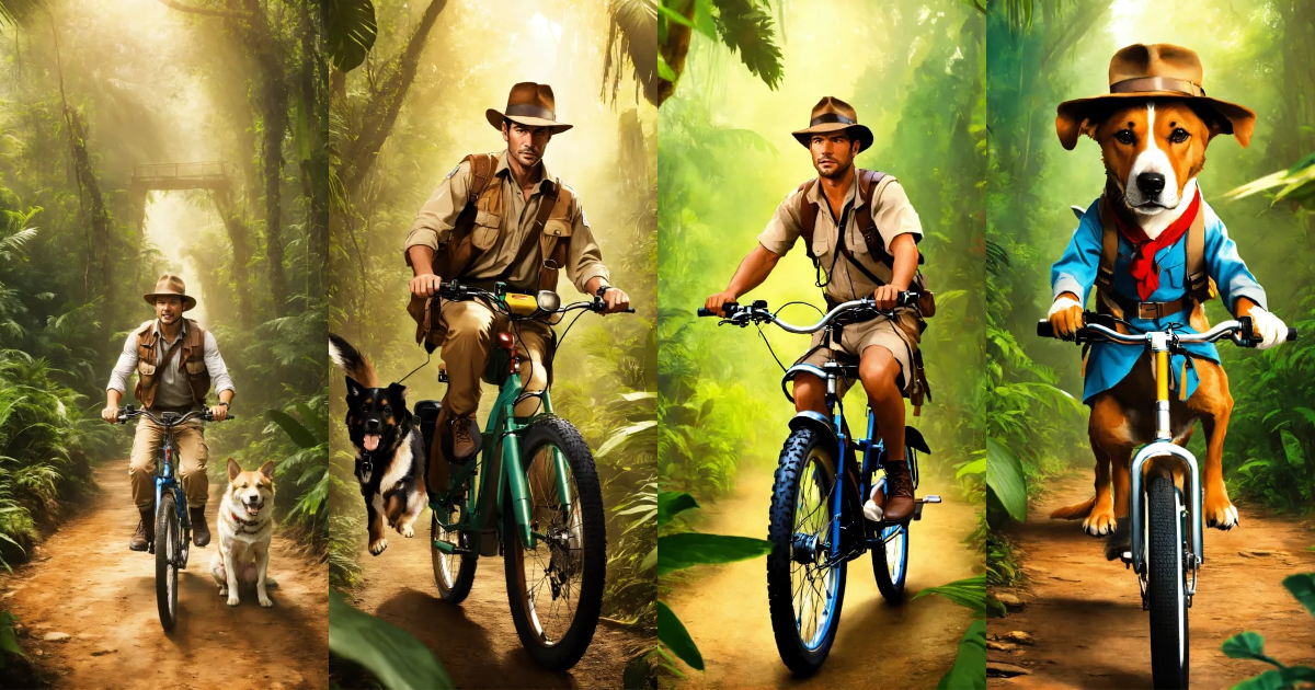 Lexica - Generate a picture of a dog biking through a jungle as an ...