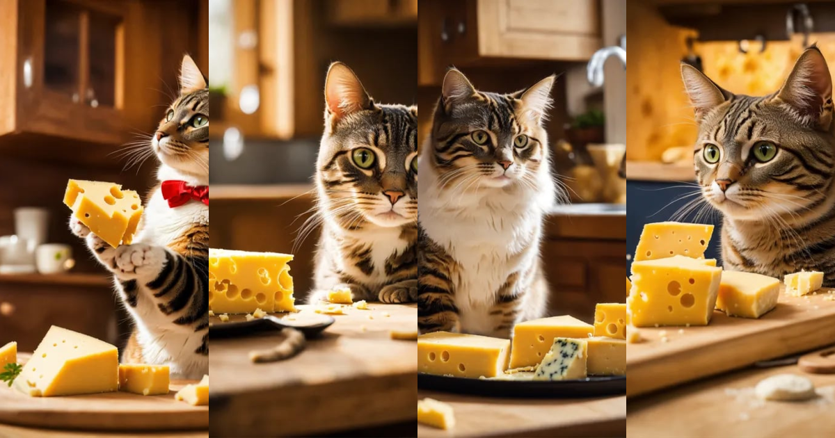 Lexica - Cute cat eating cheese in the kitchen