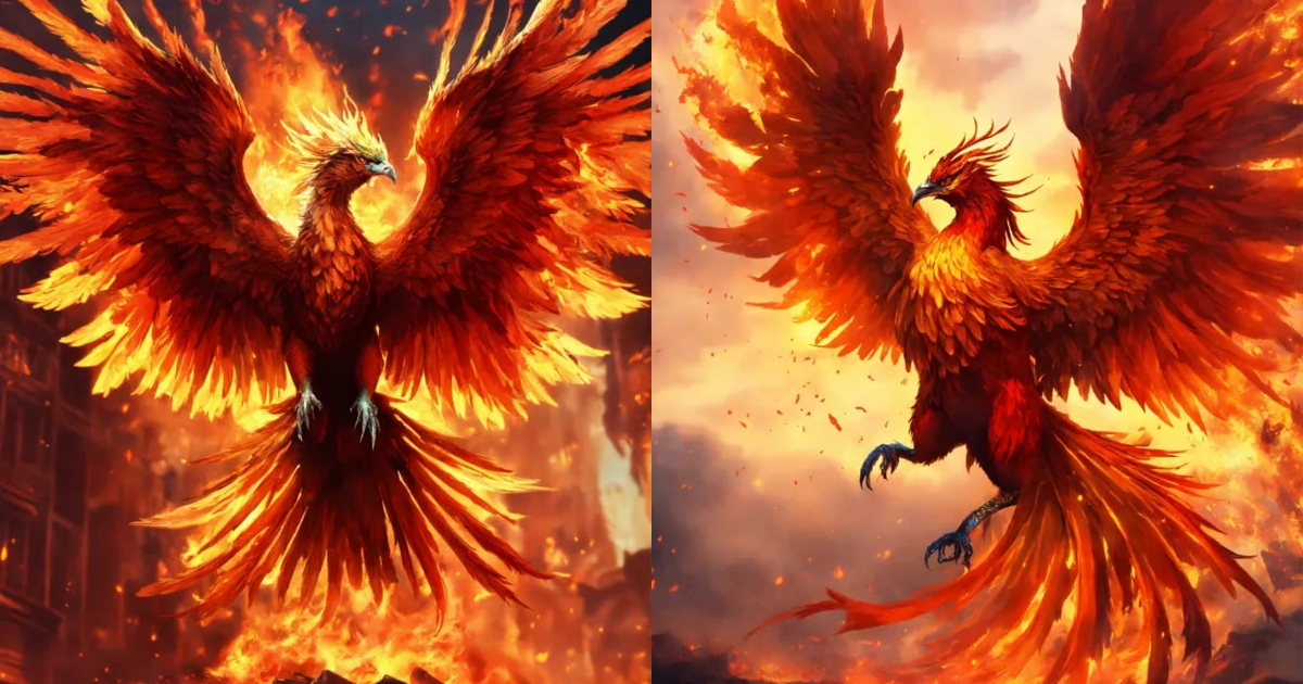 Lexica - A fire-coloured raging old Phoenix rising from ashes with its ...