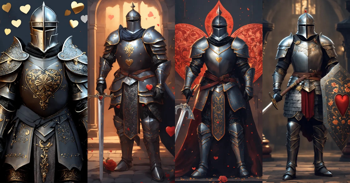 Lexica - Tall strong knight in dark gray armor with heart shaped ...