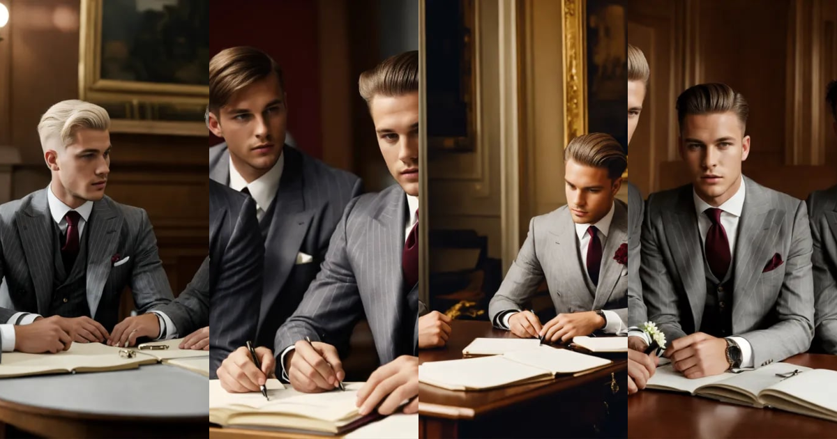 Lexica - Three young Swedish gentlemen in pale grey pinstripe double breasted suit and burgundy ...