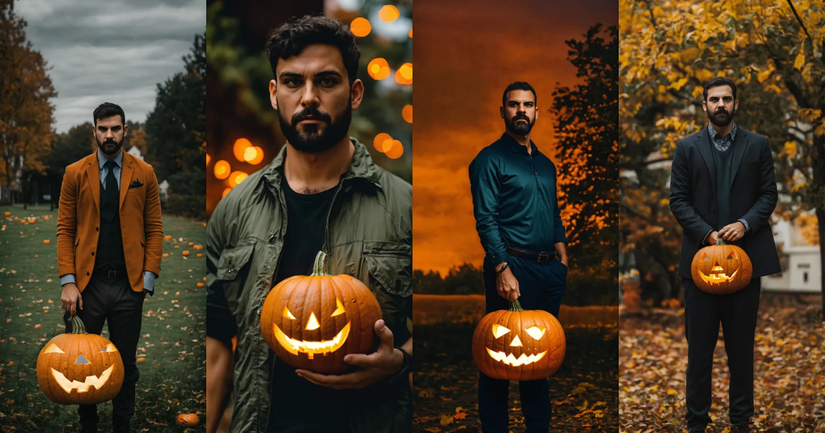 Lexica - Serious man with Halloween pumpkin in hand