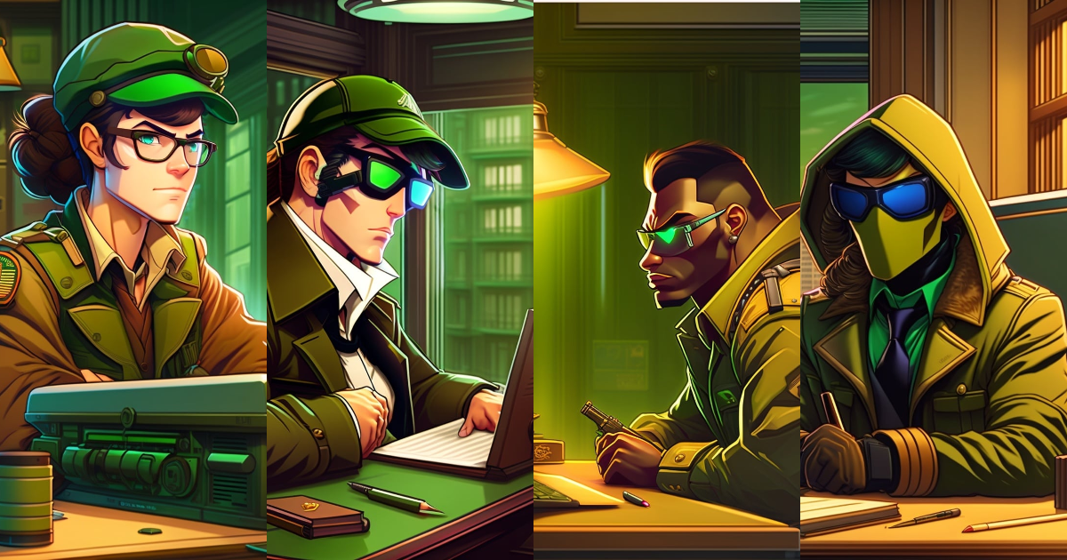 Lexica - A sniper, seated at a desk with a sly and sneaky expression on ...