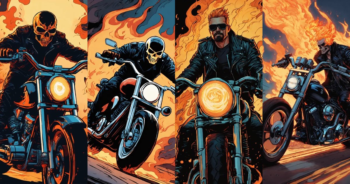 Lexica - A close up of a person riding a motorcycle with flames, ghost ...