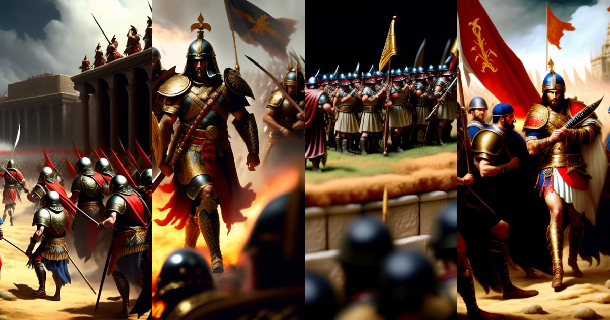 Lexica - A roman army fighting a demon army on a battlefield covered in ...