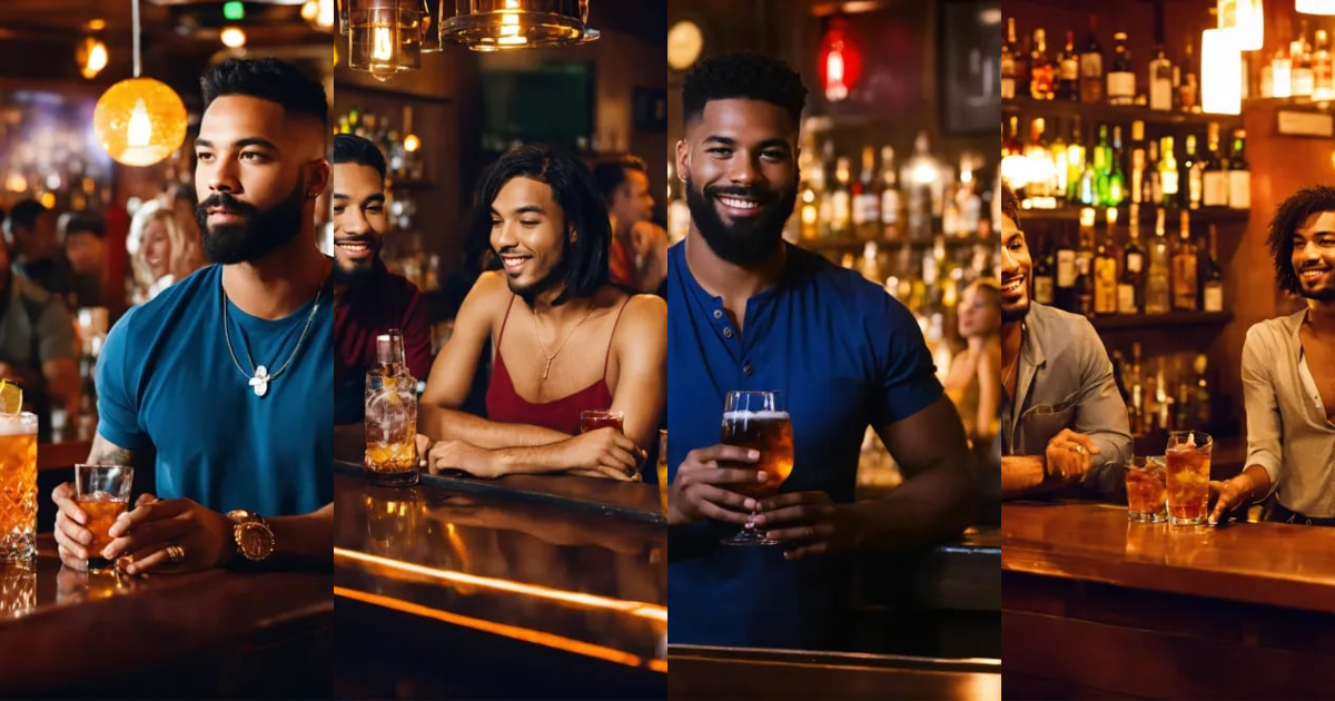 Lexica - Diverse group of men at a Bar with pretty bartender