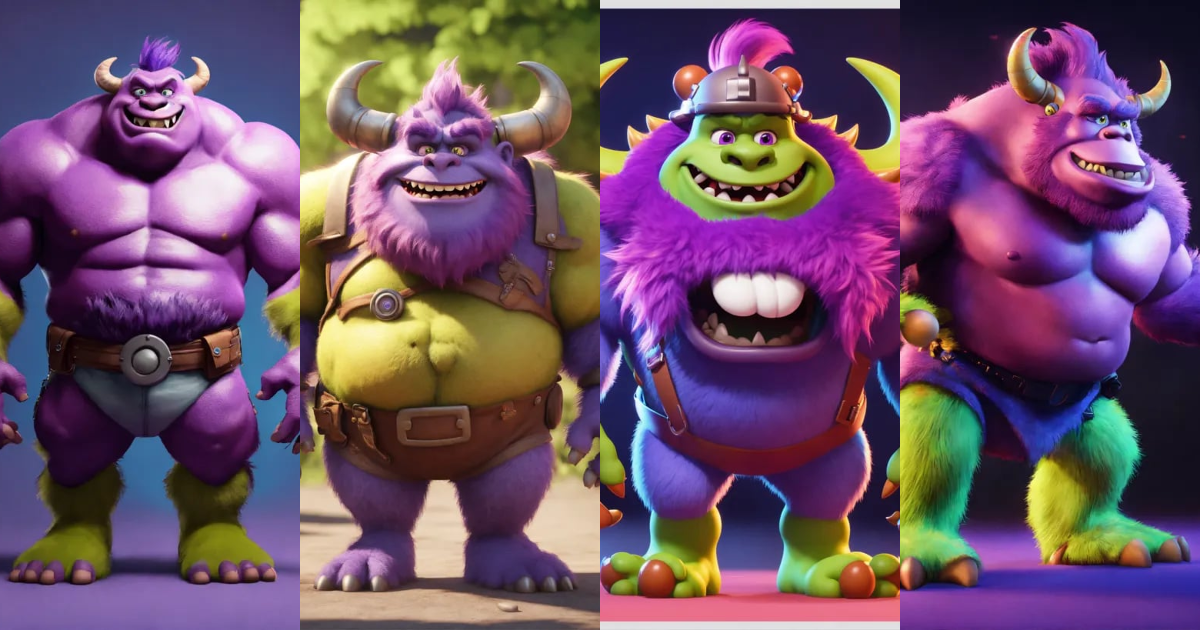 Lexica - Zoom out on a friendly, fun loving, ogre, hairy, violet ...