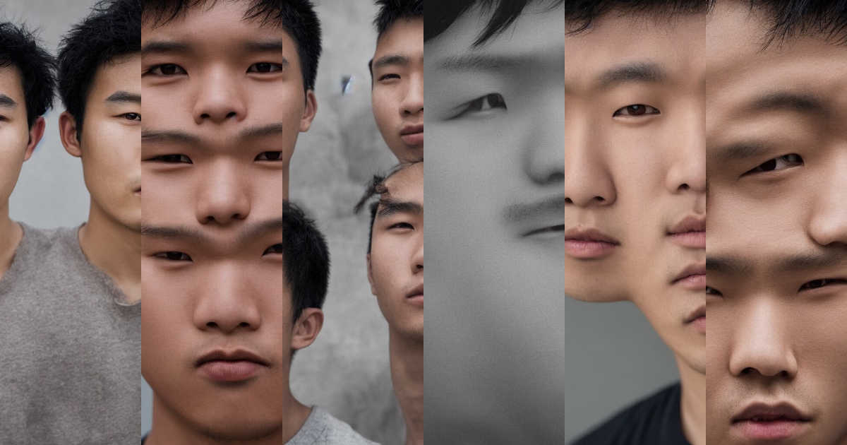 Lexica - A young asian man with a square face, very short thick curly ...