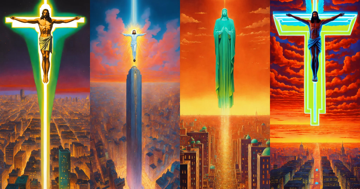 Lexica - Ultra-detailed illustration of "A huge flying iron-Jesus" in a ...