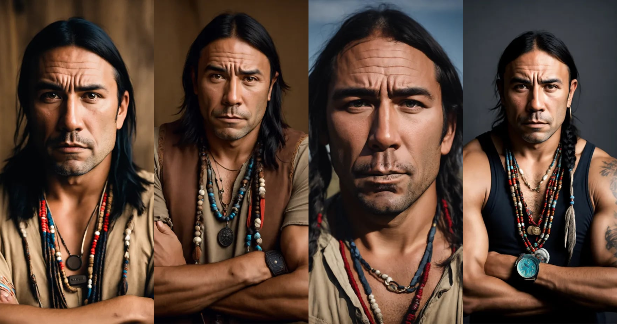Lexica - Scared native american man, FRONT VIEW, casual clothes, arms crossed, LOOKING AT THE ...