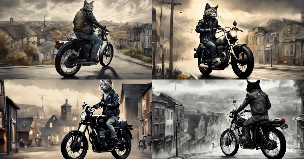 Lexica - An anthropomorphic cat in a leather jacket riding a bike with ...