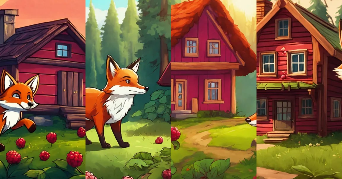 Lexica - Cartoon style. A cute huge fox is sneaking in the raspberry ...