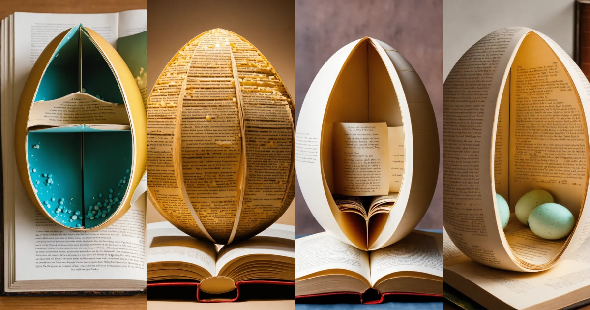 Lexica - Open Book shaped like an egg with pages showing the eggs on them