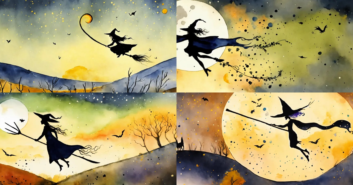 Lexica - A witch flying on Halloween in the style of "Long lost Tume ...