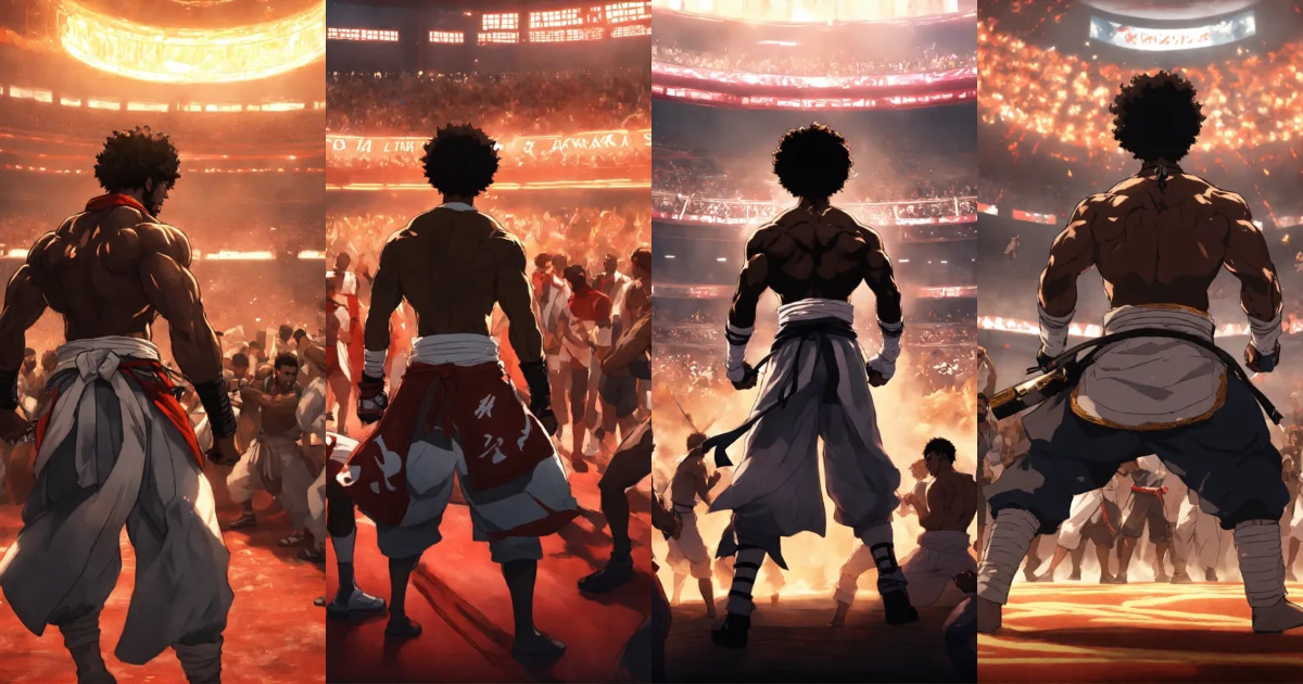 Lexica - Afro samurai anime, fighters punching in ring with crowd ...