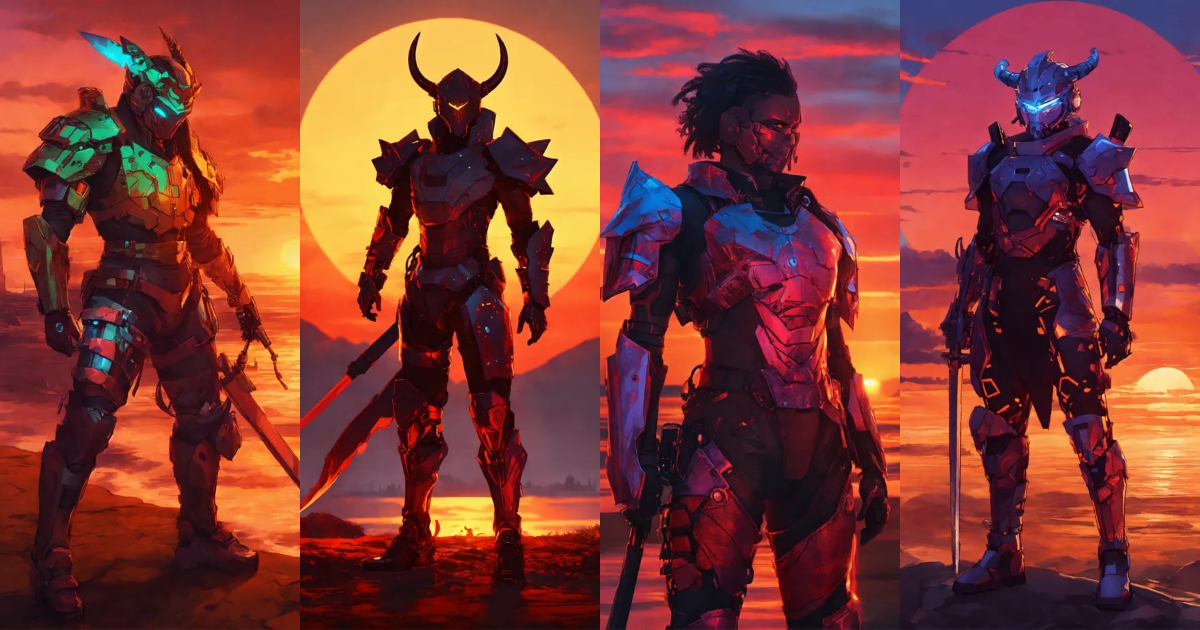 Lexica - Demon slayer in the sunset, wearing cybernetic suit.