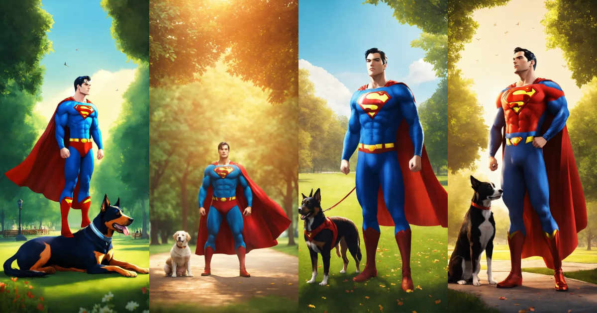 Lexica - Superman with his dog in the park, 2D render, full-body view ...