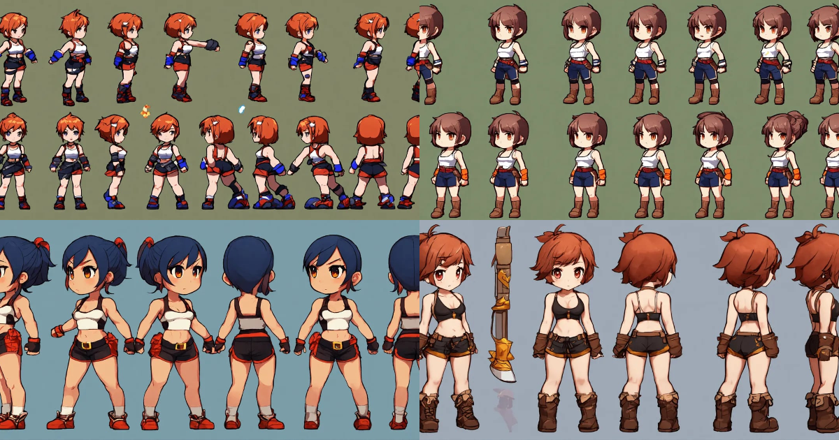 Lexica - Game assets, multiple poses, sprite sheet, girl, short hair, tank top, shorts, full ...