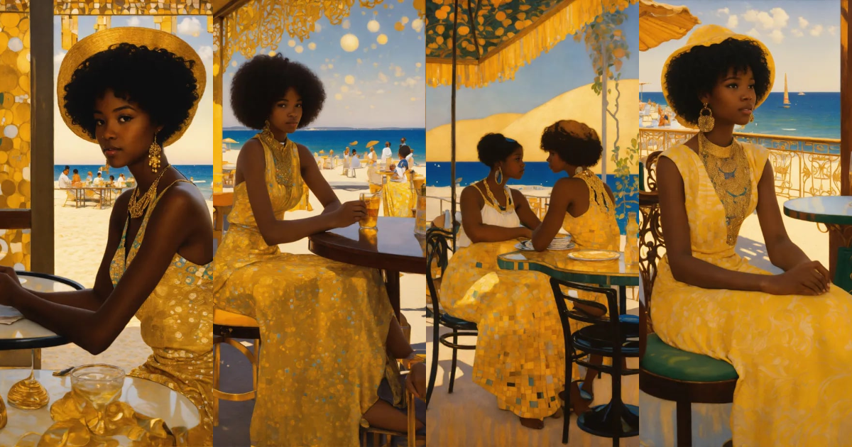 Lexica - An African American girl sitting in a beachfront restaurant ...