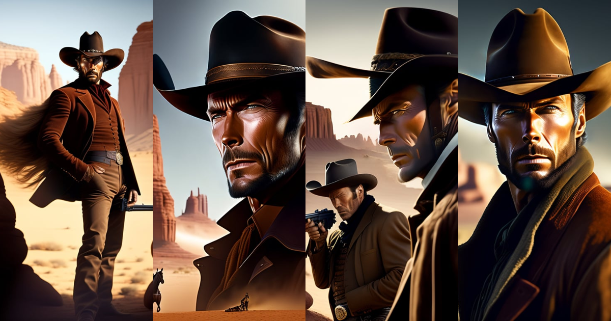 Lexica - Portrait shot of clint eastwood western cowboy firing revolver ...