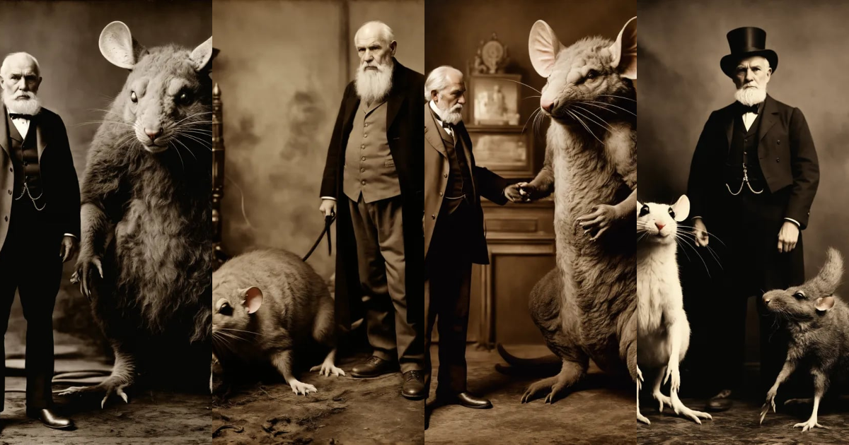 Lexica - Old man standing next to a giant mouse monster, in the style ...