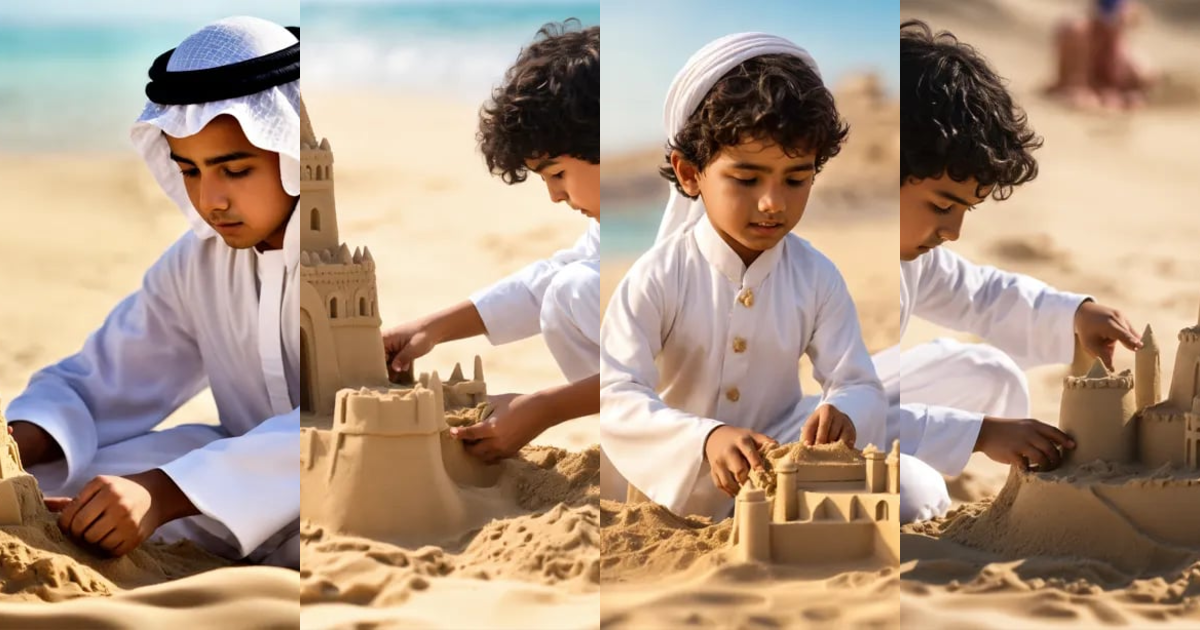 Lexica - Saudi boy sculpting sand castle, close up, beach, white ...