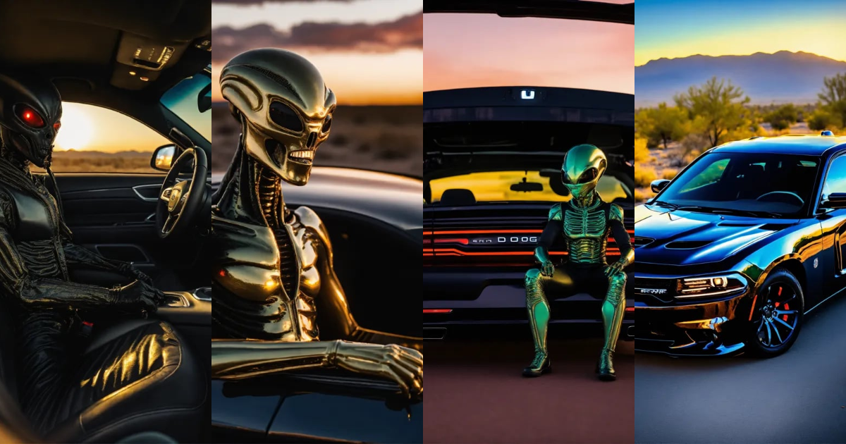 Lexica - Very creepy realistic alien sitting inside black dodge charger ...