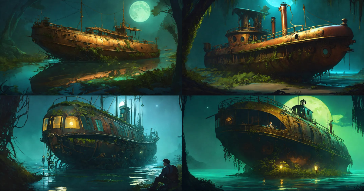 Lexica - Beached heavily overgrown steampunk submersible tilted rusty ...