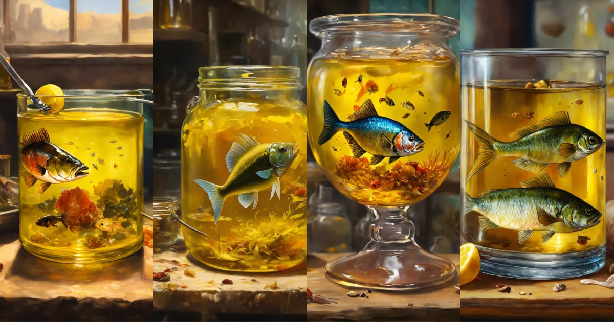 Lexica - Concept art of a vintage glass of yellow oil, fish head and ...
