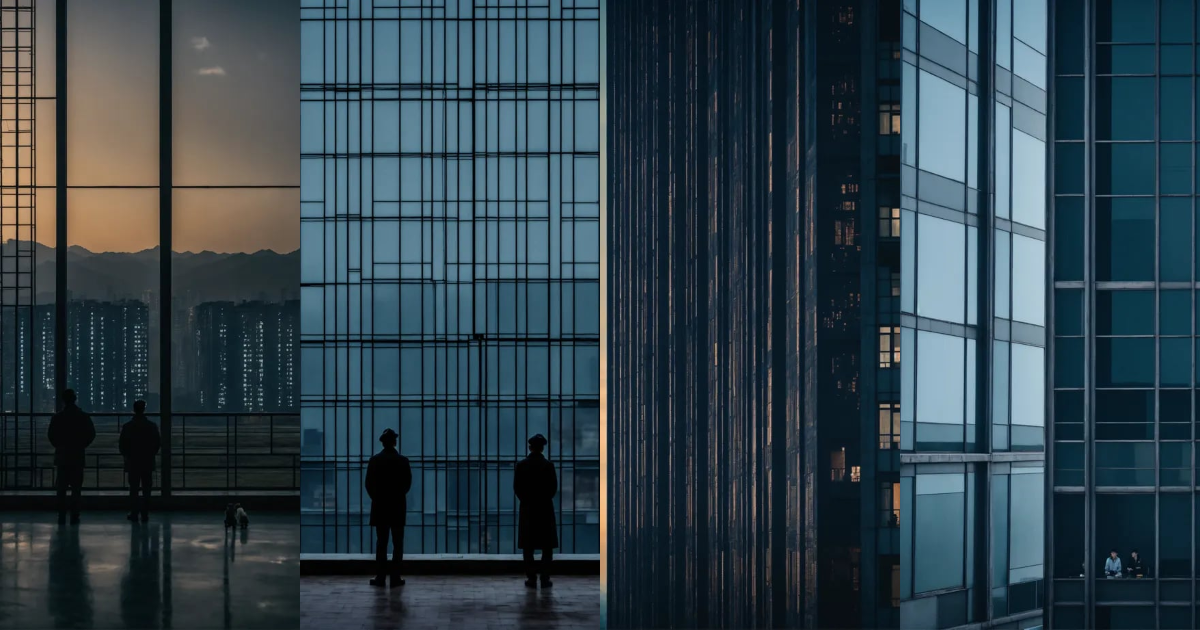 Lexica - Isolated humans look over tall building windows, in the style ...