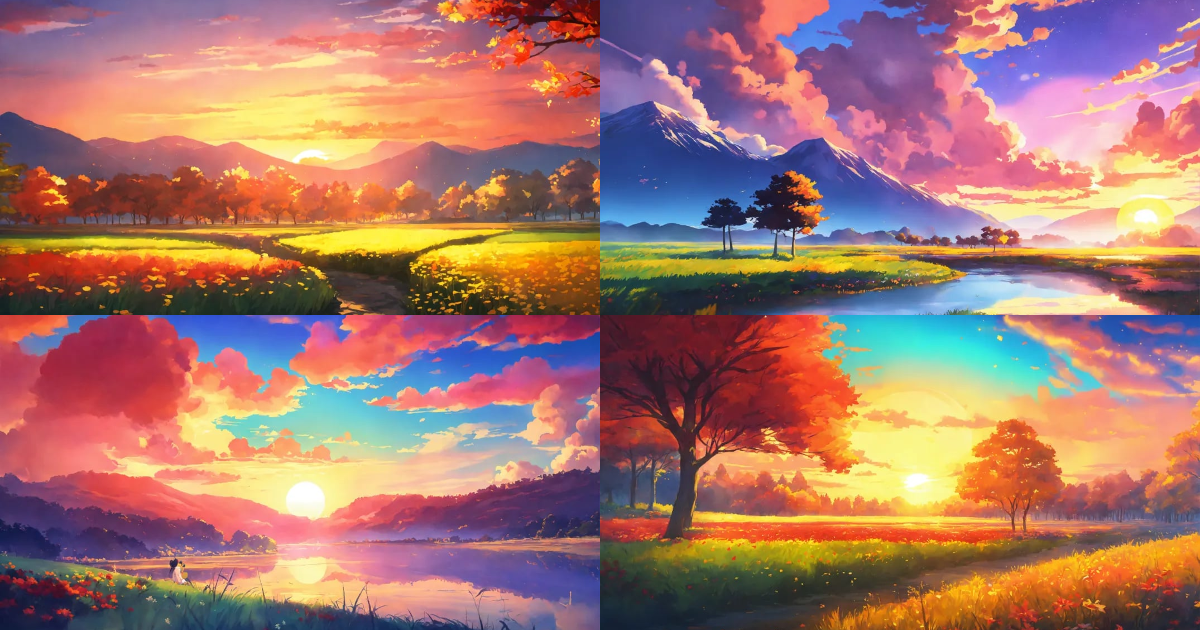 Lexica - An anime-style picture of wonderful colorful nature sun rising
