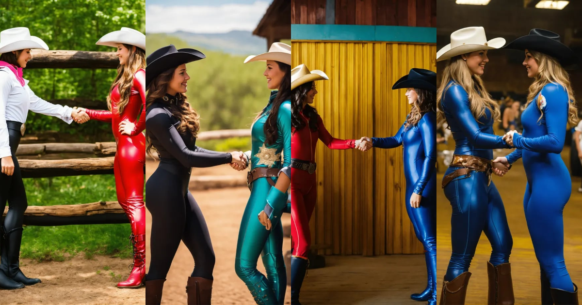 Lexica - A cowgirl with hat shaking hands with a girl in a spandex catsuit