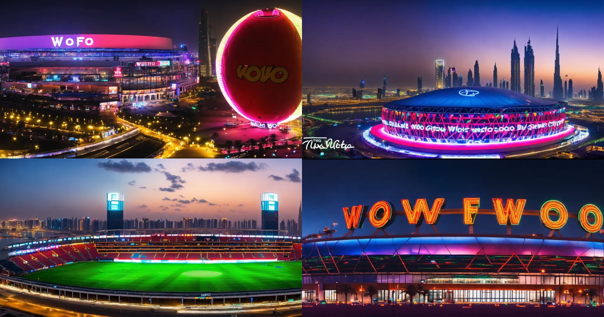 Lexica - Ball shaped stadium name WOFO with ball logo WOFO neon lights ...