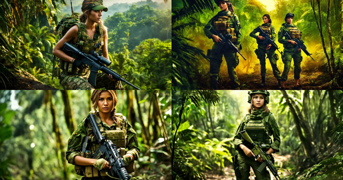 Lexica - Female commandos in jungle, perfect face, full camouflage, HDR ...