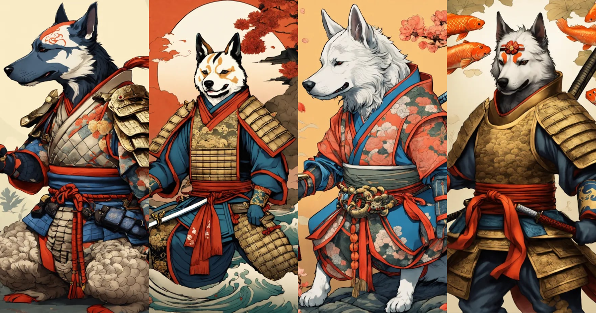 Lexica - There is a dog with a fish and a sword on a white background ...