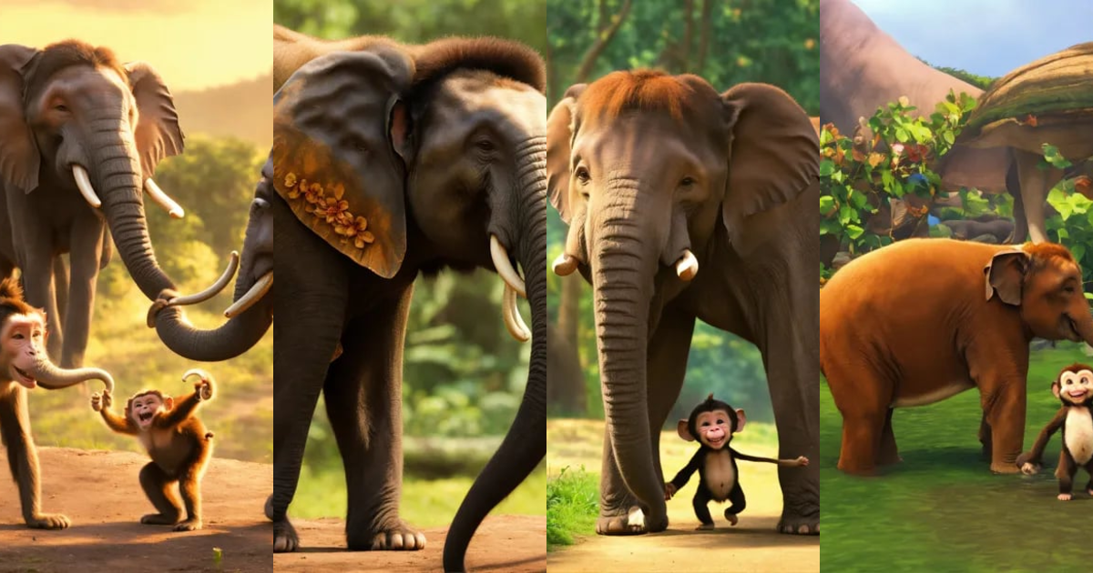 Lexica - Monkey and elephat Ellie, startled at first, looked at the ...