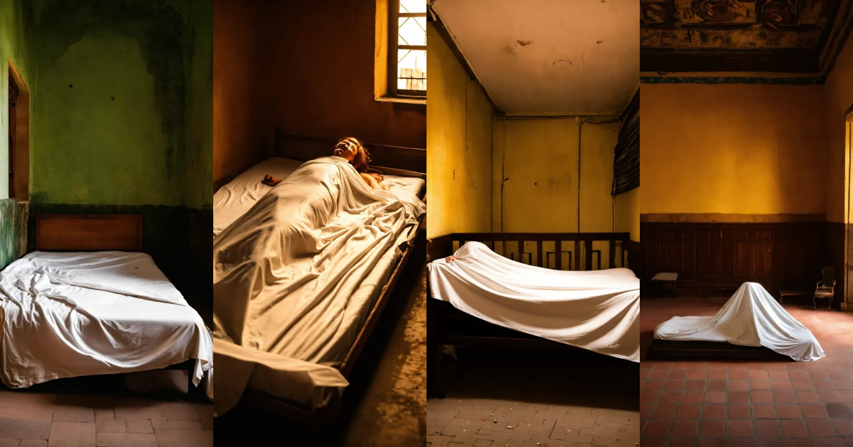 Lexica - A dead body covered with white bedsheet lying on stracher