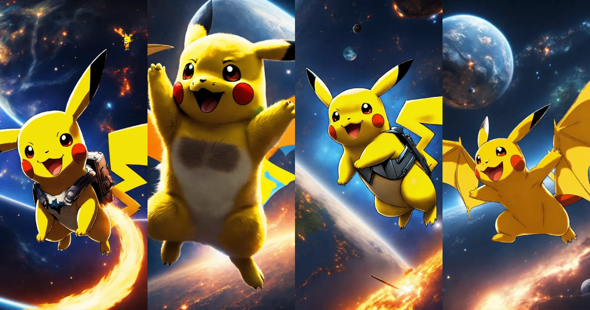 Lexica - PIKACHU LIKE A realistic Charmander flying Batman in space.